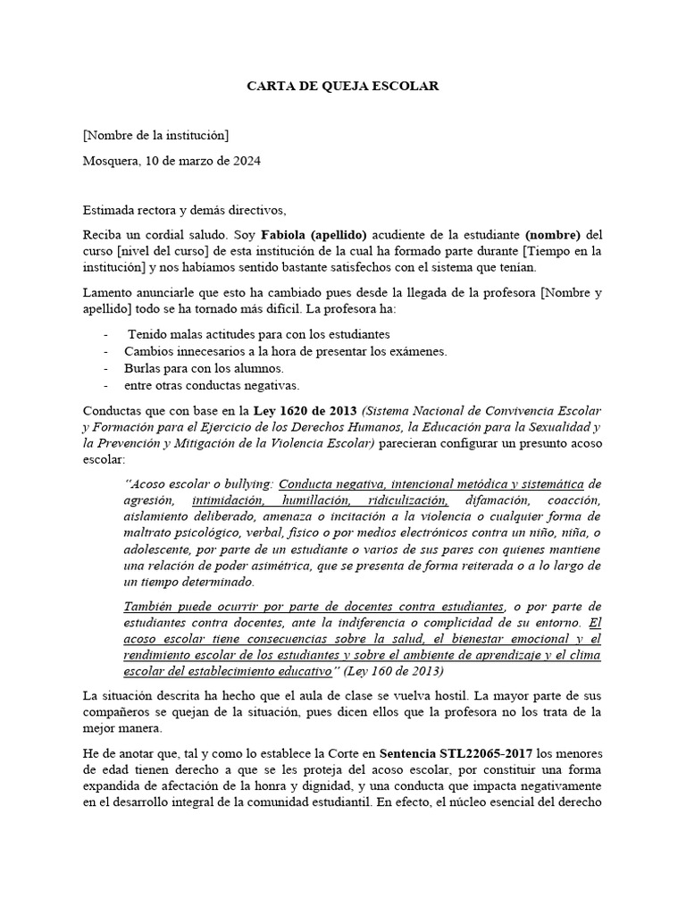 Carta de Queja Escolar | PDF | Agresión