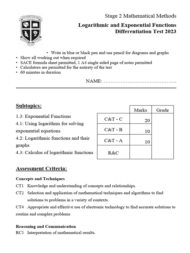 Differential Calculus (Exponential and Logarithmic Functions) Test 2023 ...