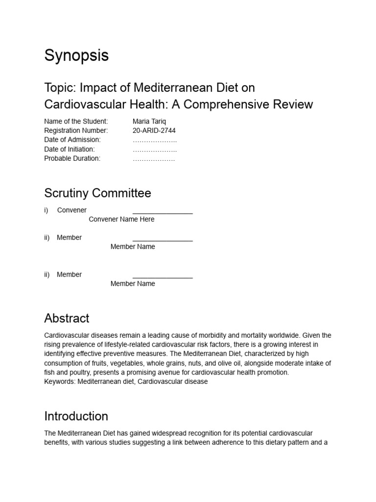 Synopsis | PDF | Cardiovascular Diseases | Mediterranean Diet