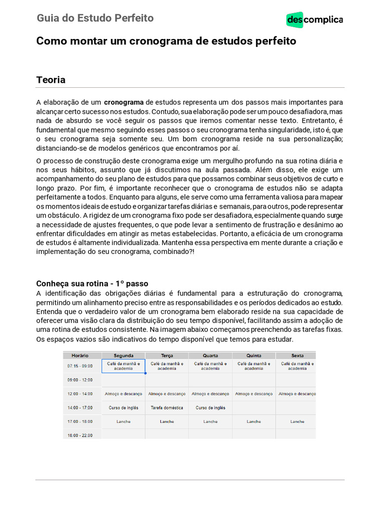 Como Montar Um Cronograma de Estudos Perfeito: Guia Do Estudo Perfeito | PDF | Tempo | Aprendizado