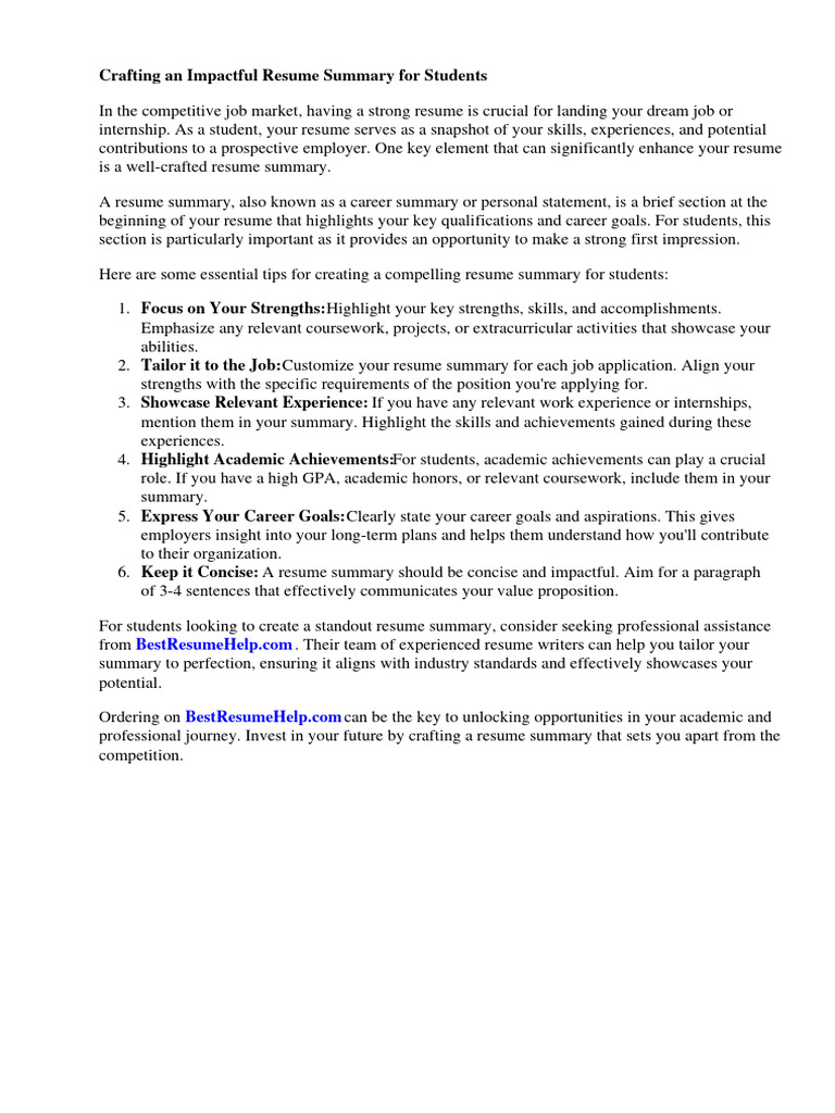 Resume Summary for Students | PDF | Résumé | Experience