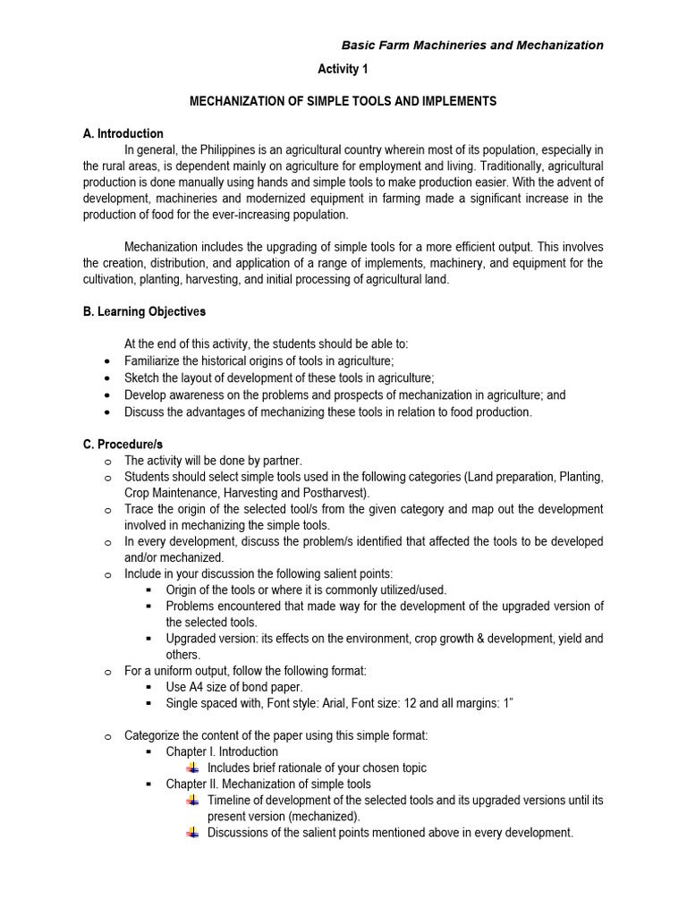 Activity 1 Mechanization of Simple Tools | PDF | Agriculture | Tools