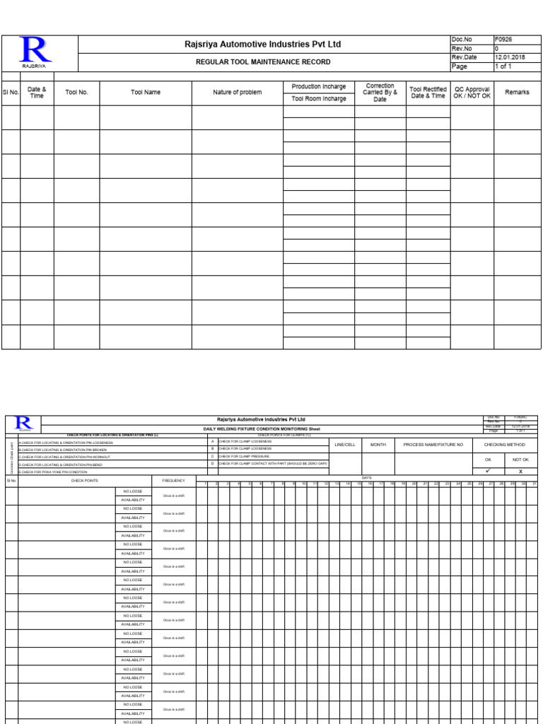 Daily welding fixture condition monitoring sheet -F0926 -C | PDF ...