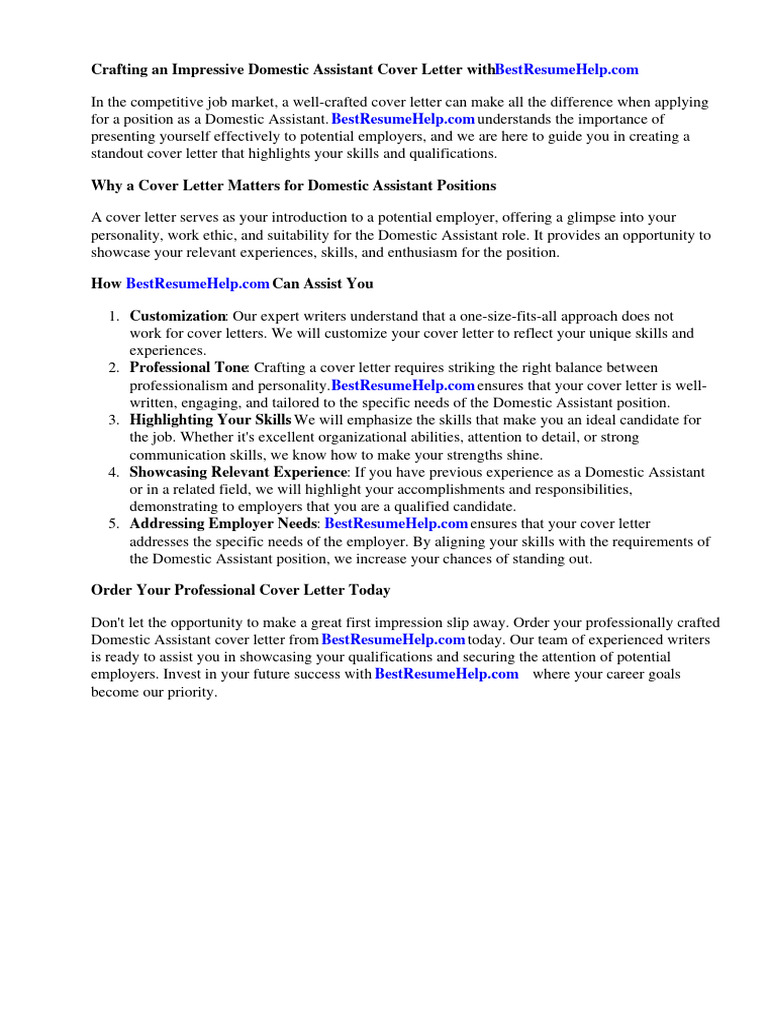 Domestic Assistant Cover Letter | PDF | Résumé | Employment