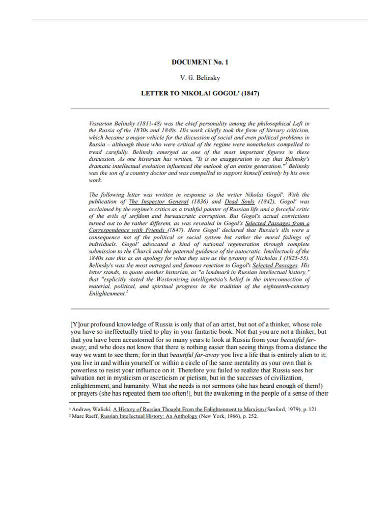 Belinsky - Letter To Gogol | PDF