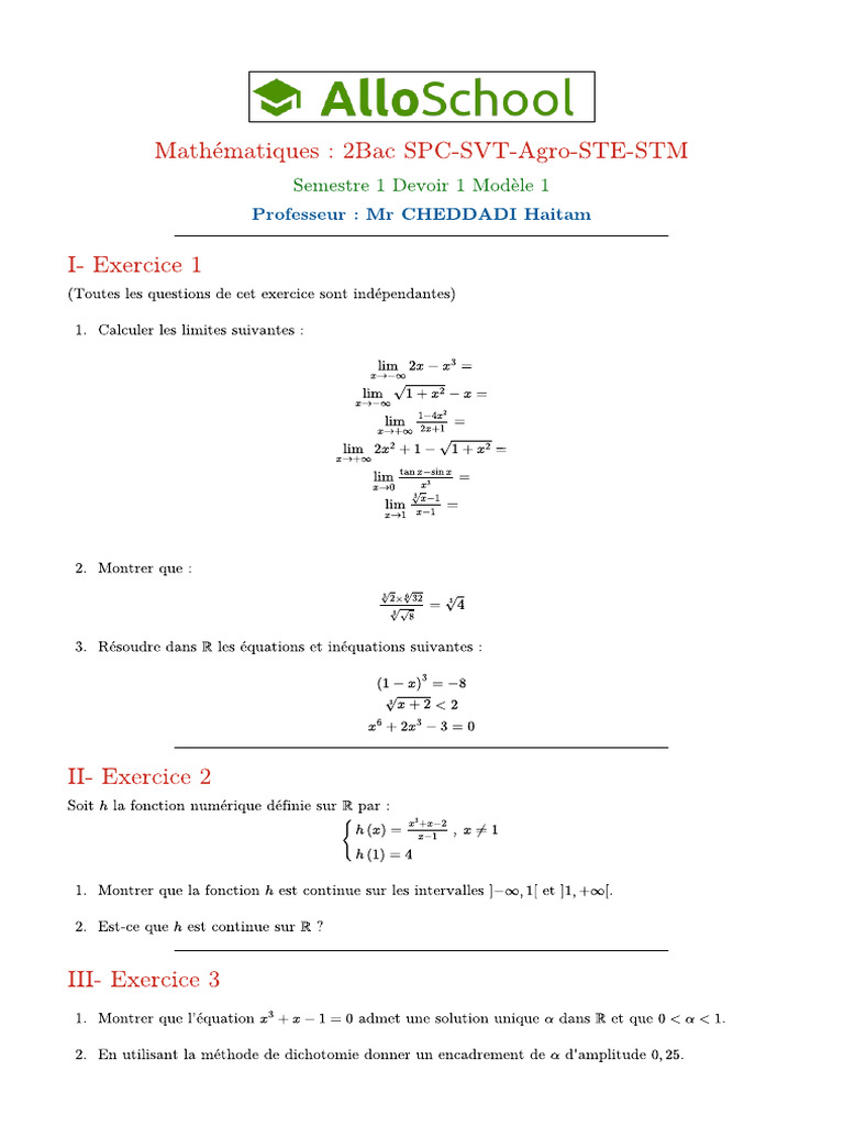 Math 2bac SPC Semestre 1 Devoir 1 Modele 1 | PDF