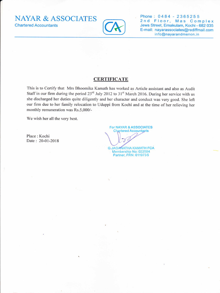 Experience Certificate - Nayar and Associates | PDF