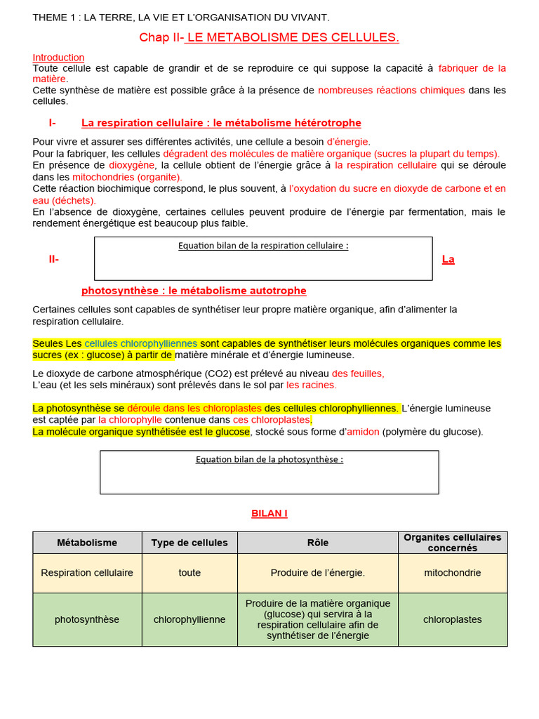 Cours Chap2-Le Métabolisme Des Cellules | PDF | Photosynthèse | Cellule ...