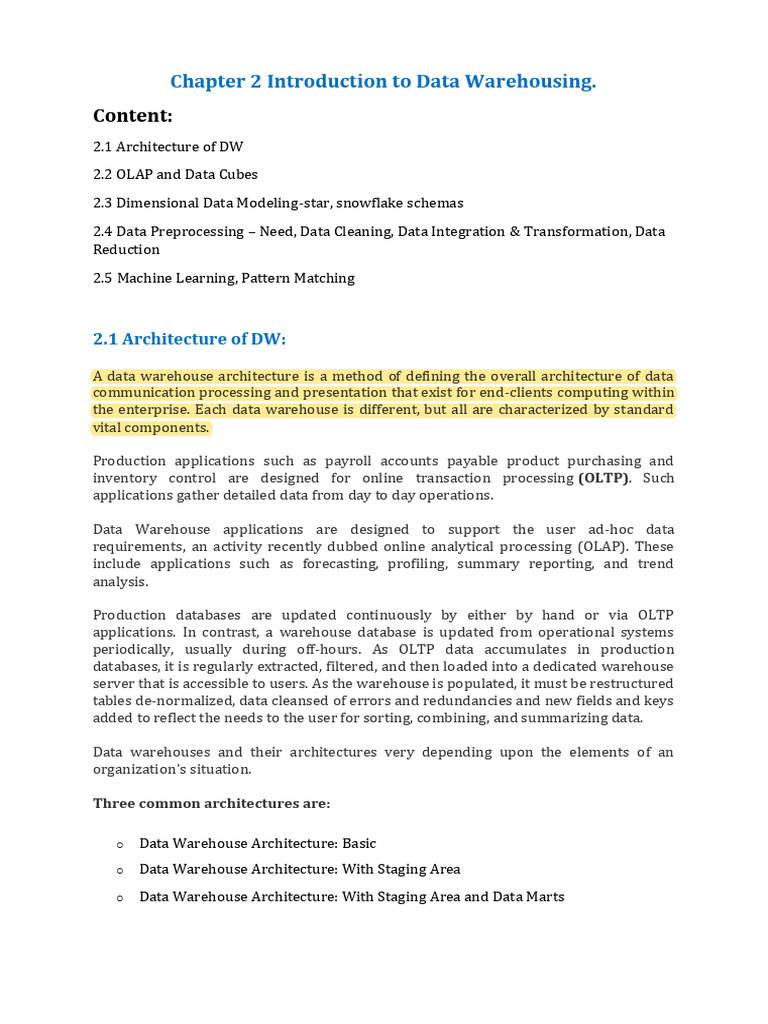 Ch 2 Introduction to Data Warehousing | PDF | Data Warehouse | Machine Learning