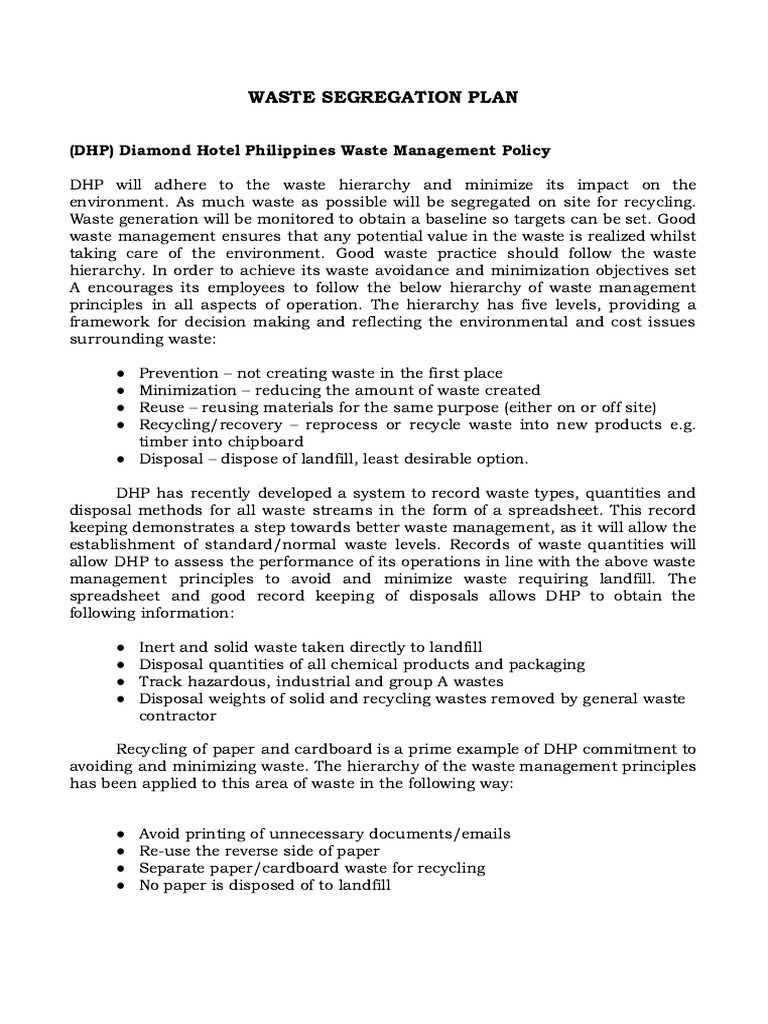 Diamond Hotel Waste Segregation Plan | PDF | Waste Management | Waste