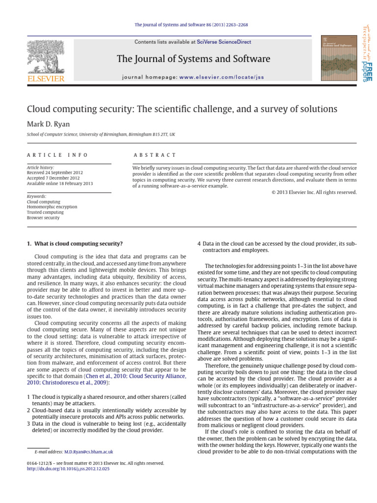 Cloud Computing Security: The Scientific Challenge, and A Survey of Solutions | PDF | Encryption ...