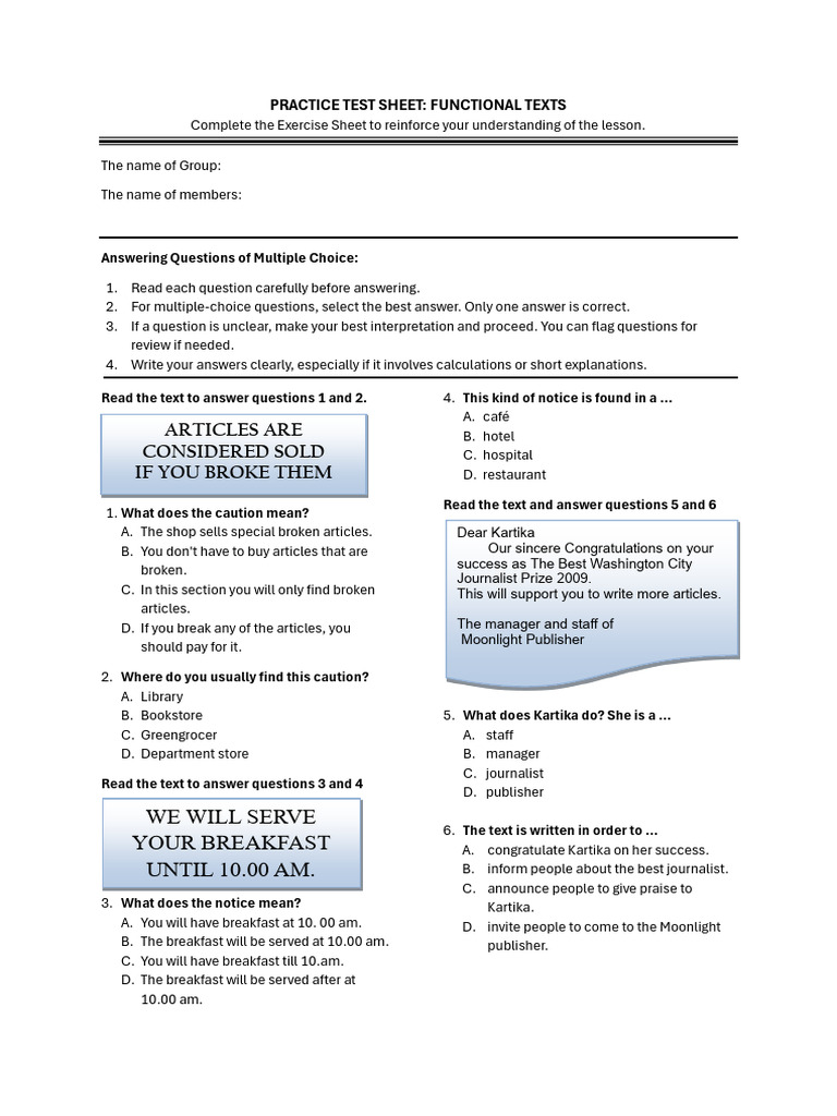 Functional Texts Practice Test Sheet | PDF | Multiple Choice