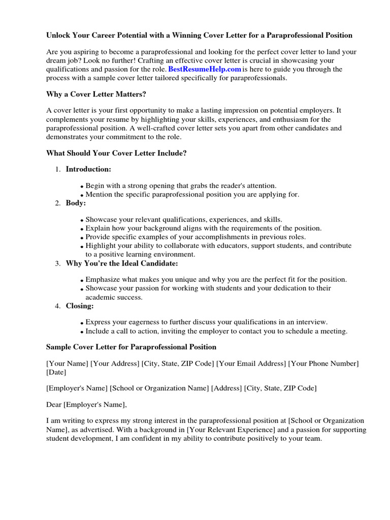 Sample Cover Letter Paraprofessional | PDF | Résumé | Teachers