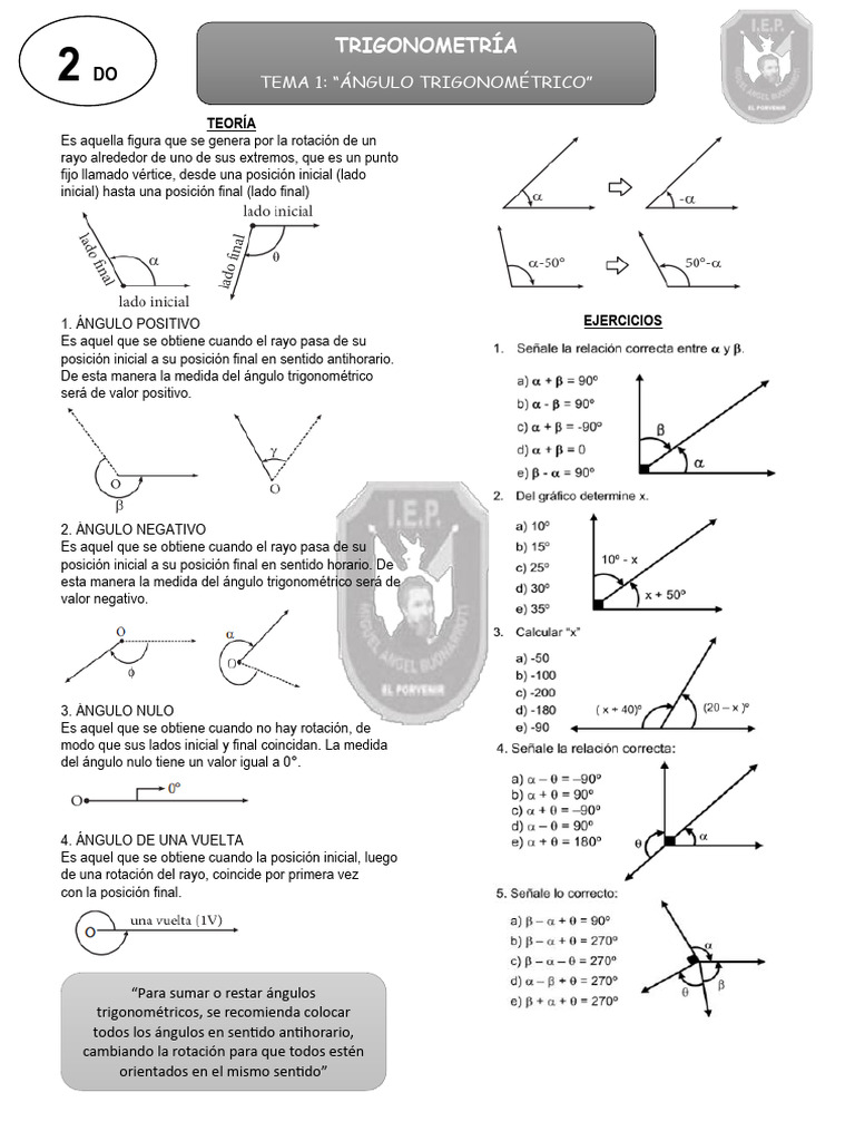 Trigonometria - 2do SEC - Marzo-Tema 1 | PDF