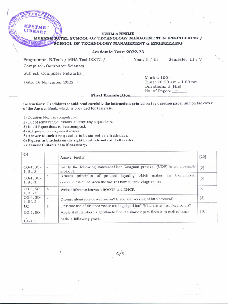 Computer Networks 2nd Year Sem III Year 2022-23 Final Exam Fcn83ma8R0 | PDF