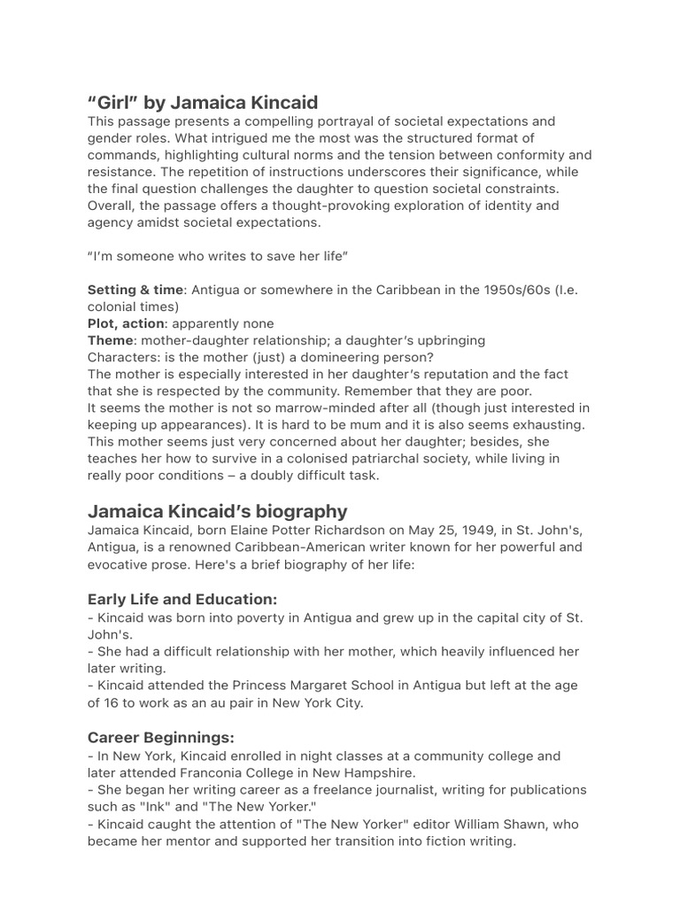 "Girl" by Jamaica Kincaid - Notes | PDF | British Empire