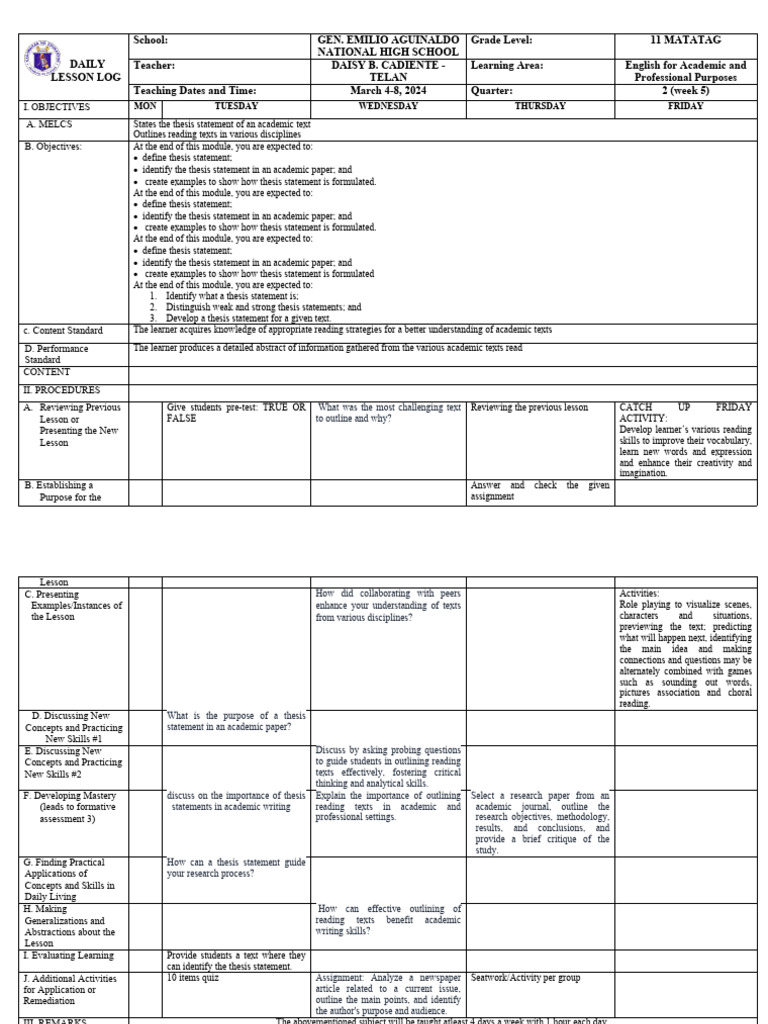 Eapp DLL (Week 5) Matatag | PDF | Educational Assessment | Concept