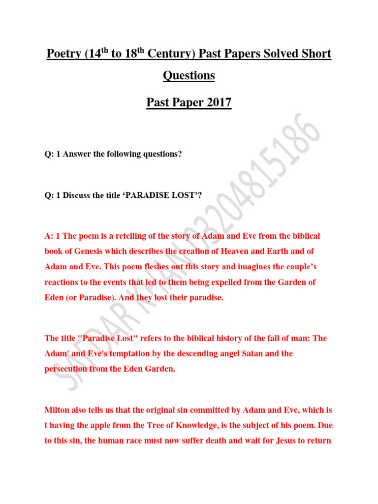 Poetry (14th To 18th Century) Past Papers Solved Short Questions | PDF ...