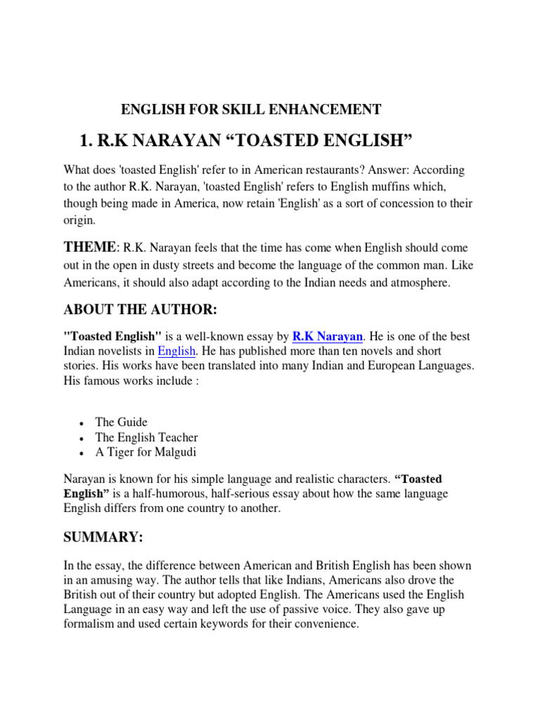 Toasted English, RK Narayan | Download Free PDF | English Language | Humour