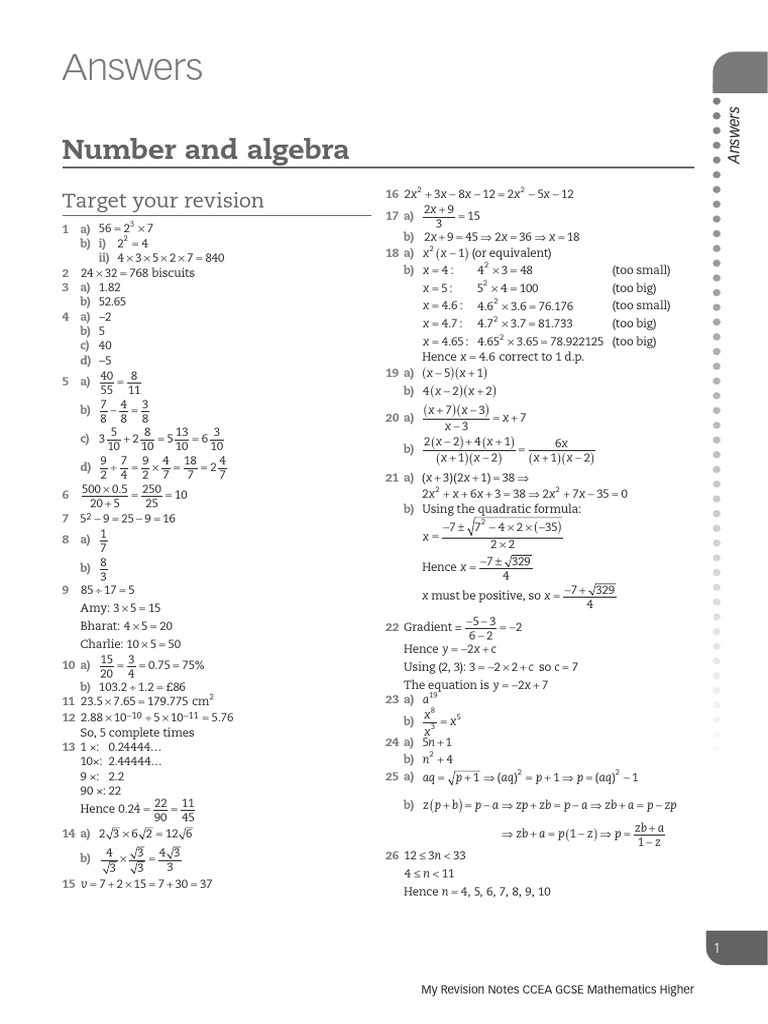 MRN CCEA GCSE Mathematics Higher Answers | PDF | Mathematics | Algebra