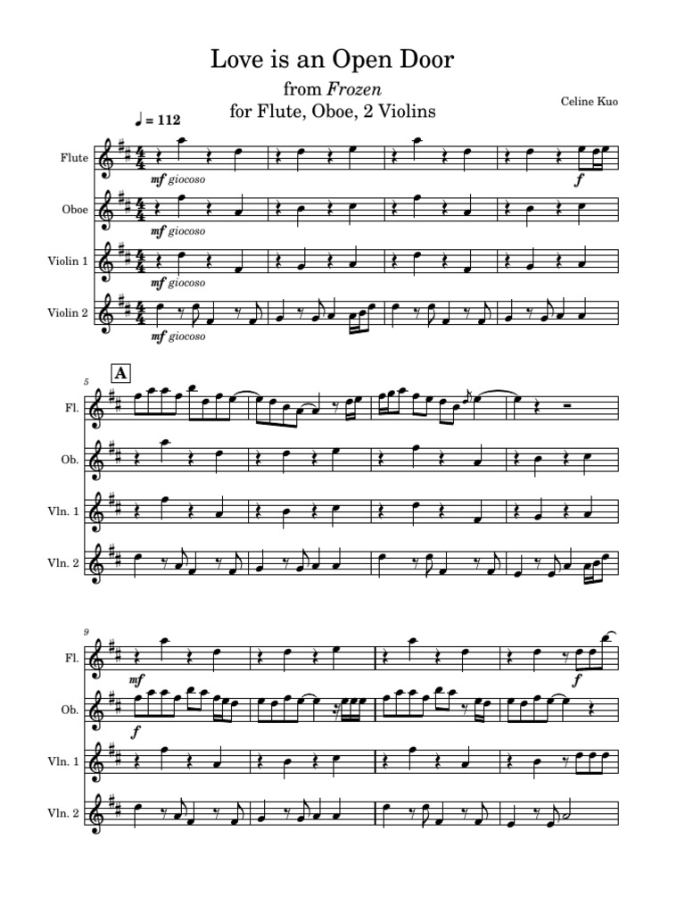 Love Is An Open Door For Flute, Oboe, 2 Violins - Kristen Bell, Santino Fontana (Arr. Celine Kuo ...