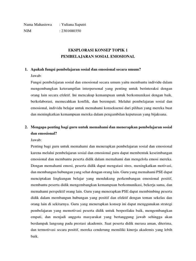 Eksplorasi Konsep Topik 1_Pembelajaran Sosial Emosional | PDF