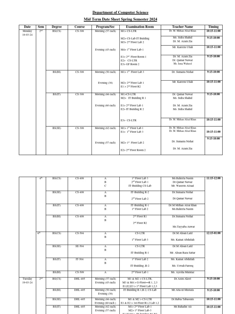 Updated BS Program Final Term Exam DateSheet Spring 2024 | PDF