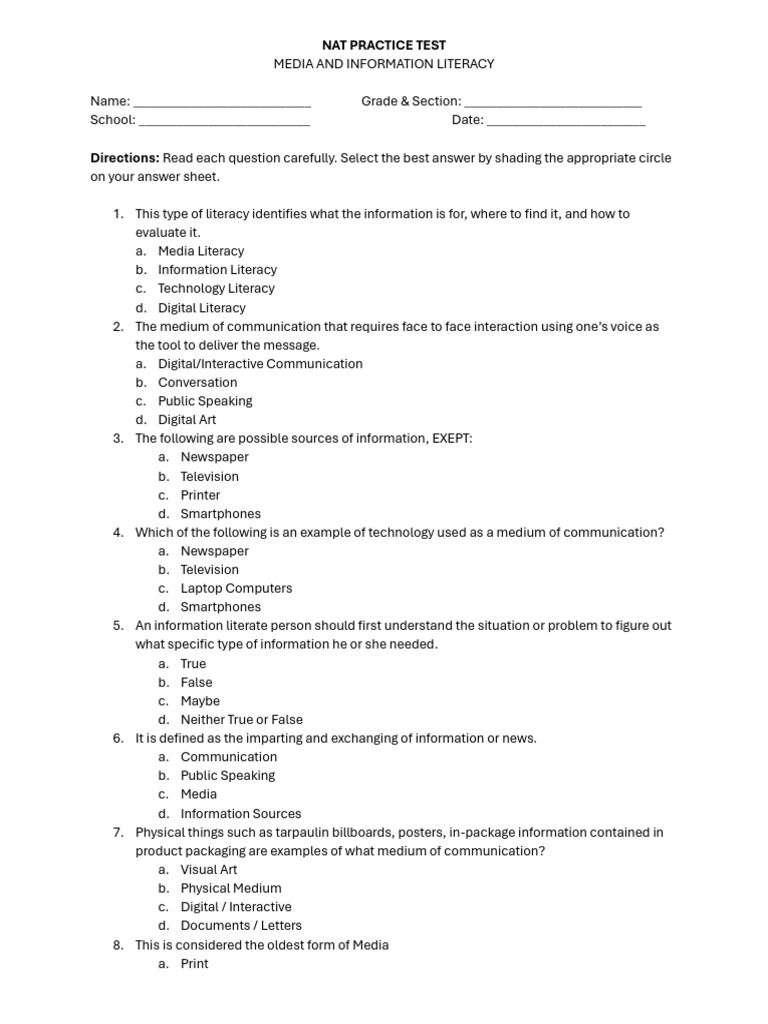 Nat Practice Test | PDF | Role Playing Games | Information