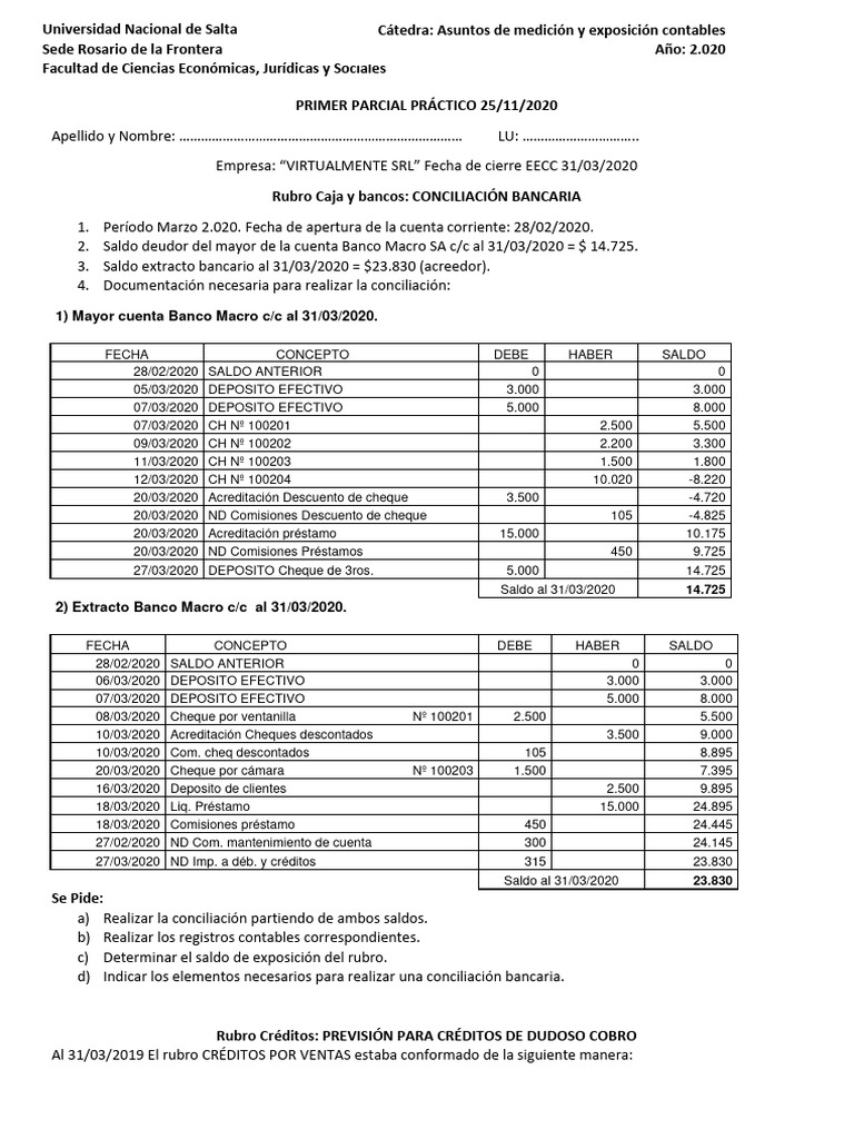 Primer parcial práctico | PDF | Contabilidad | Bancos