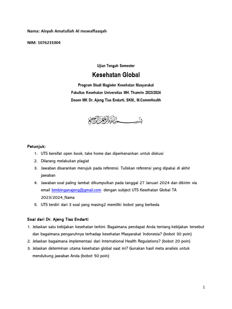 UTS Kesehatan Global TA 2023:2024 - Aisyah Amatullah | PDF | Pengembangan Diri