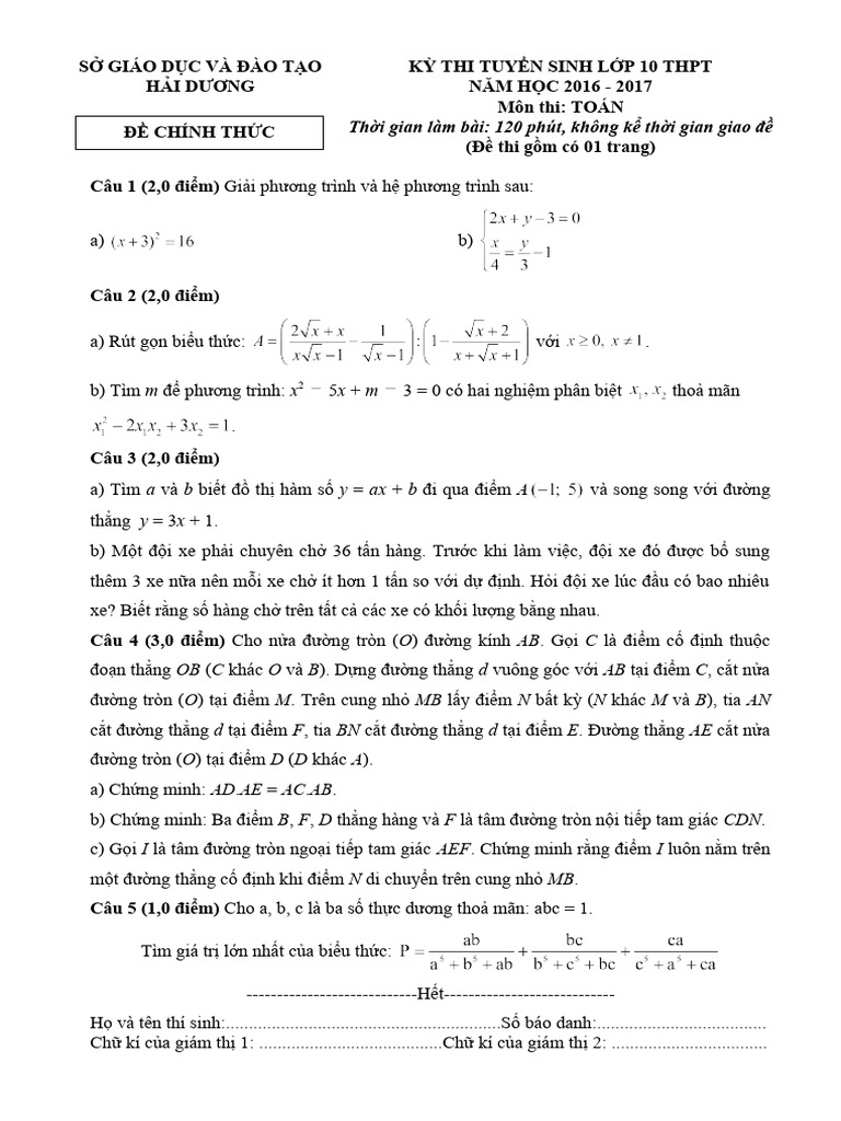 De Thi Vao 10 Hai Duong 20162017 | PDF