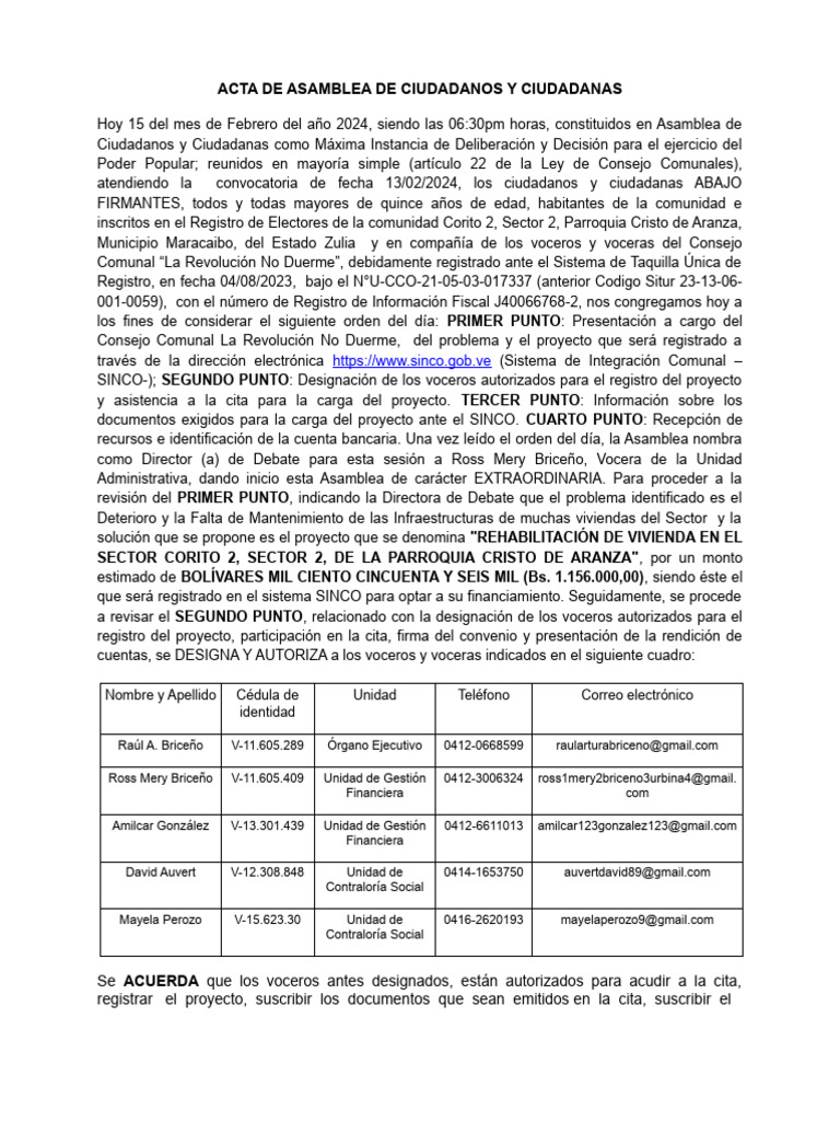 SINCO_ACTA_DE_ASAMBLEA_CONSEJO_COMUNAL | PDF | Gobierno