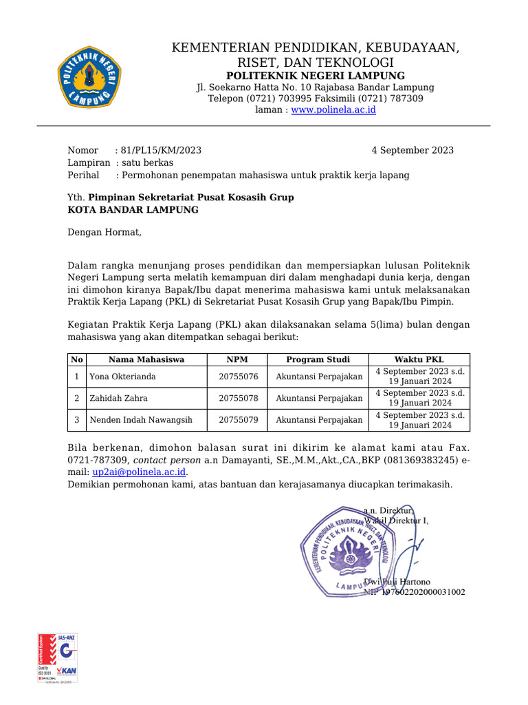 Surat Permohonan PKL | PDF | Bisnis | Pengelolaan Keuangan & Uang