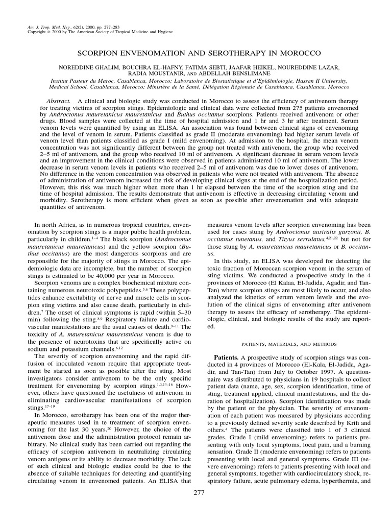 Scorpion Envenomation and Serotherapy in | PDF | Elisa | Clinical Medicine