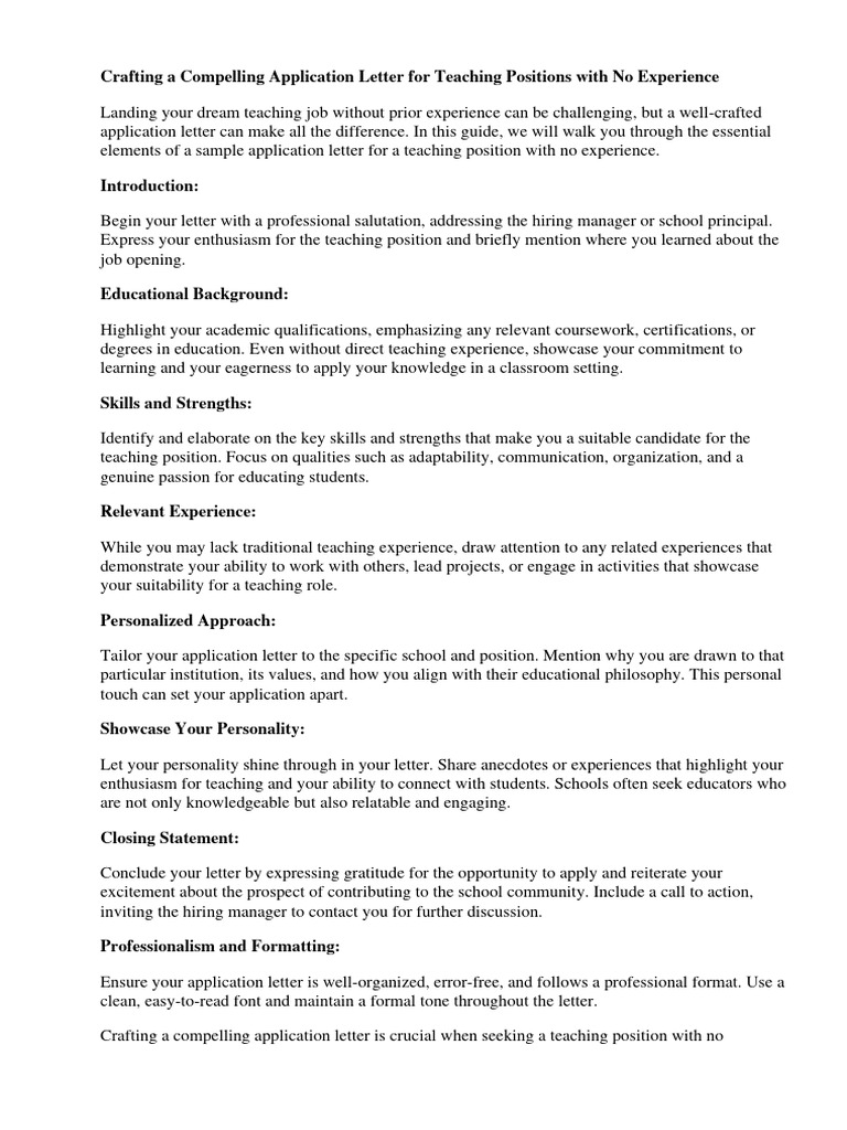 Sample Application Letter For Teacher With No Experience | PDF ...