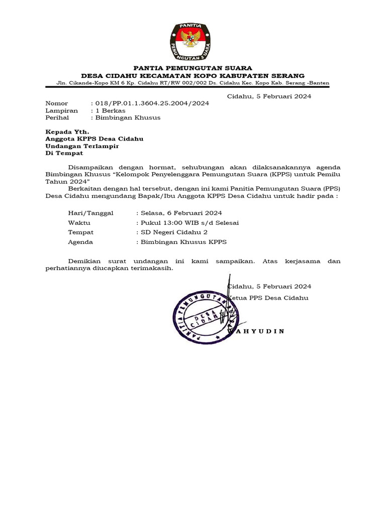 Undangan Bimbingan Khusus KPPS Cidahu | PDF