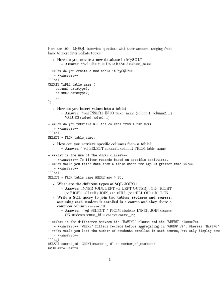 Amazing Mysql Interview Preparation Pdf Relational Database Database Index