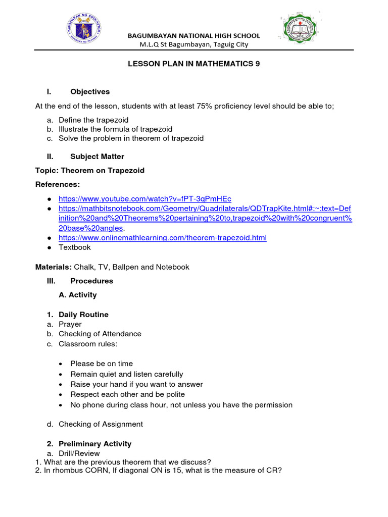 Lesson Plan in Trapezoid | PDF | Elementary Geometry | Euclidean Geometry