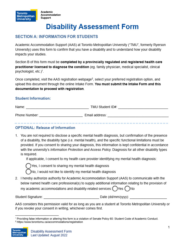 TMU Disability Assessment Form (DAF) | PDF | Mental Disorder | Medical Diagnosis