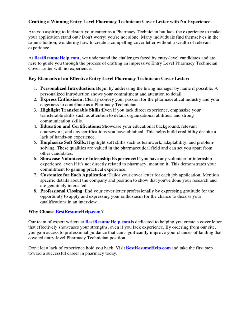 Entry Level Pharmacy Technician Cover Letter No Experience | PDF ...