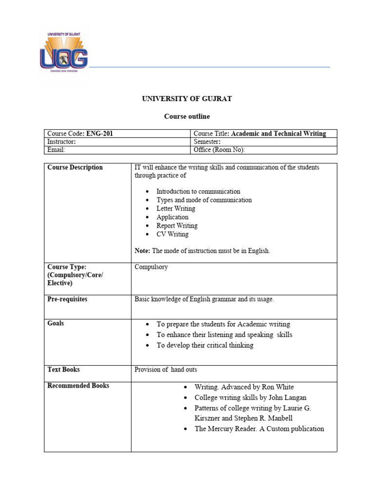 ENG-201 Course Outline: Writing Skills | PDF