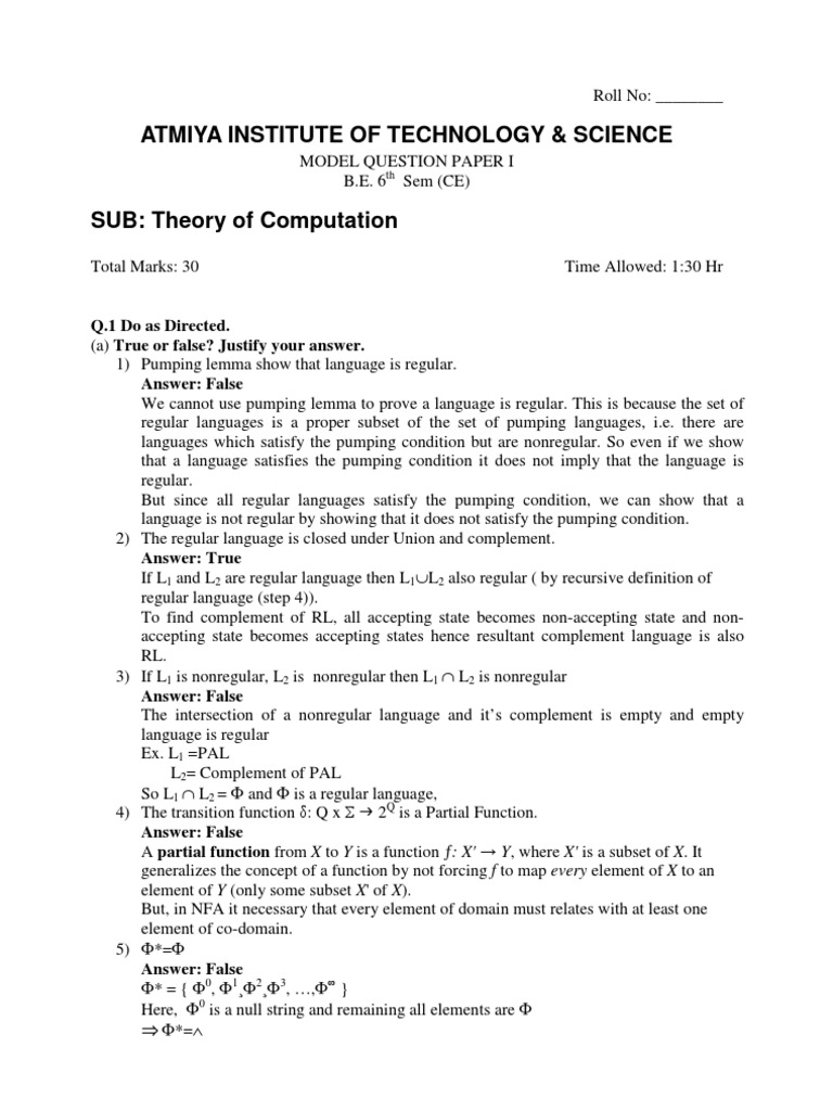 TOC Model Question Paper Solution 1 | PDF | Function (Mathematics) | Theoretical Computer Science