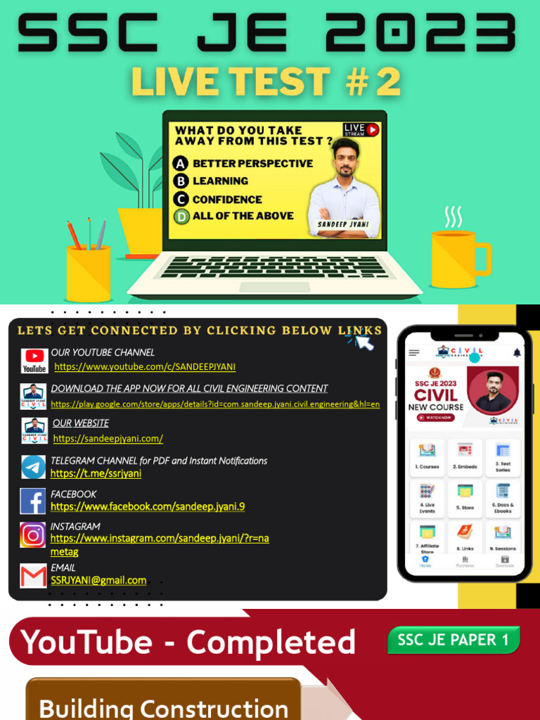 SSC JE 2023 Live Mock Test 2 Class Solutions Sandeep Jyani Civil | PDF ...