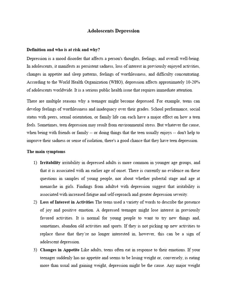 Adoloscents Depression Script | PDF | Major Depressive Disorder ...