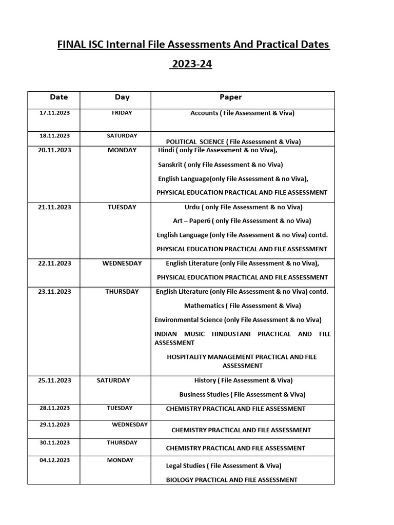 ISC 2023-24 File Assessment Schedule | PDF | Science