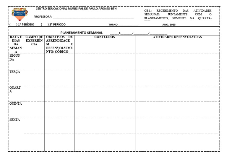 Modelo de Planejamento Semanal | PDF