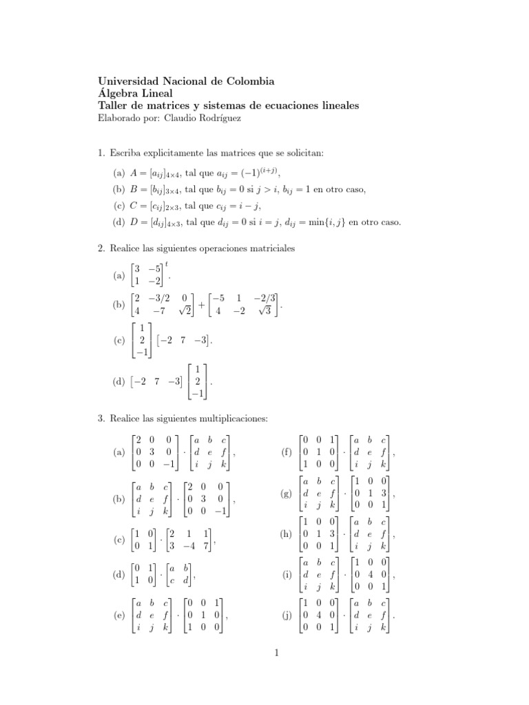 Taller 1 Matrices y Sistemas de Ecuaciones | PDF | Matriz (Matemáticas) | Matemáticas