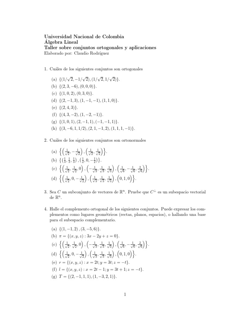 Taller 5 Conjuntos Ortogonales | PDF | Espacio vectorial | Base ...