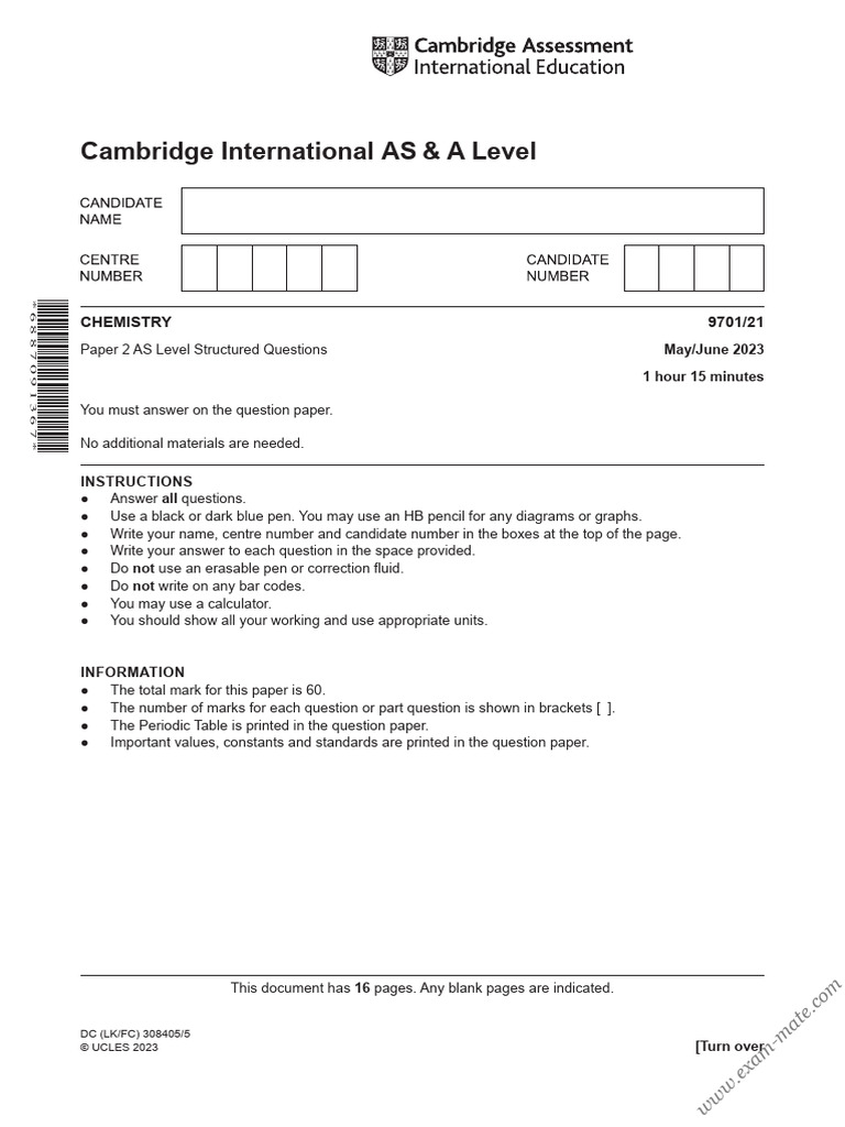 Cambridge International AS & A Level: Chemistry 9701/21 | PDF ...