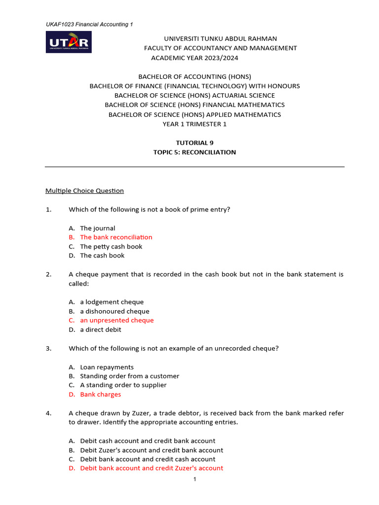 Tutorial 9 Q Reconciliation | PDF | Debits And Credits | Banks